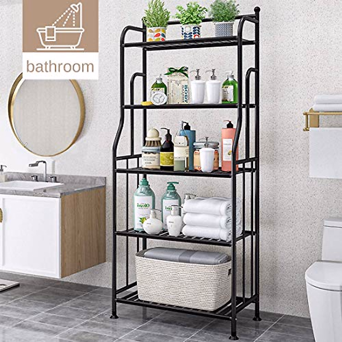 Forthcan Shelving Unit Bakers Rack Metal Storage Shelves Laundry Shelf Organizer Standing Shelf Units for Laundry Kitchen Bathroom Pantry Closet Indoor and Outdoor (5 Tier, Black)