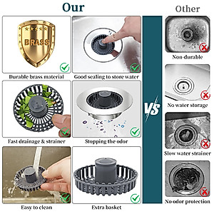 New Upgraded 3 in 1 Kitchen Sink Bounce Core Drain Strainer and Stopper, Sink Stopper with an Extra Sink Strainer Basket for US Standard 3-1/2 Inch Brass Electroplate Silver