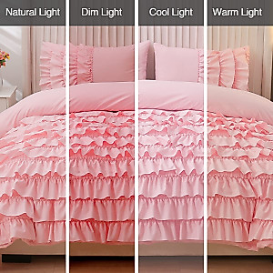 Holawakaka Pink Waterfall Ruffle Comforter Set Twin Size Multi-Layers Ruffled Shabby Chic 3PCS Bedding Set for Girls Women