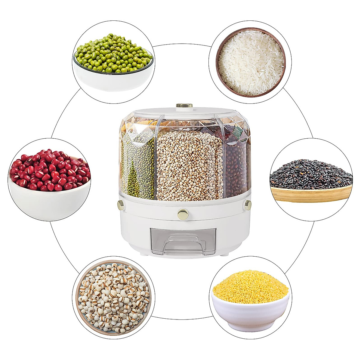 CHALIGHT 6 Grids Rice & Grain Storage Container Rice Dispenser 360° Rotating Food Dispenser Grain Dispenser One-Button Pressing Storage Bucket for Grains Snacks Candy Coffee Beans Dog