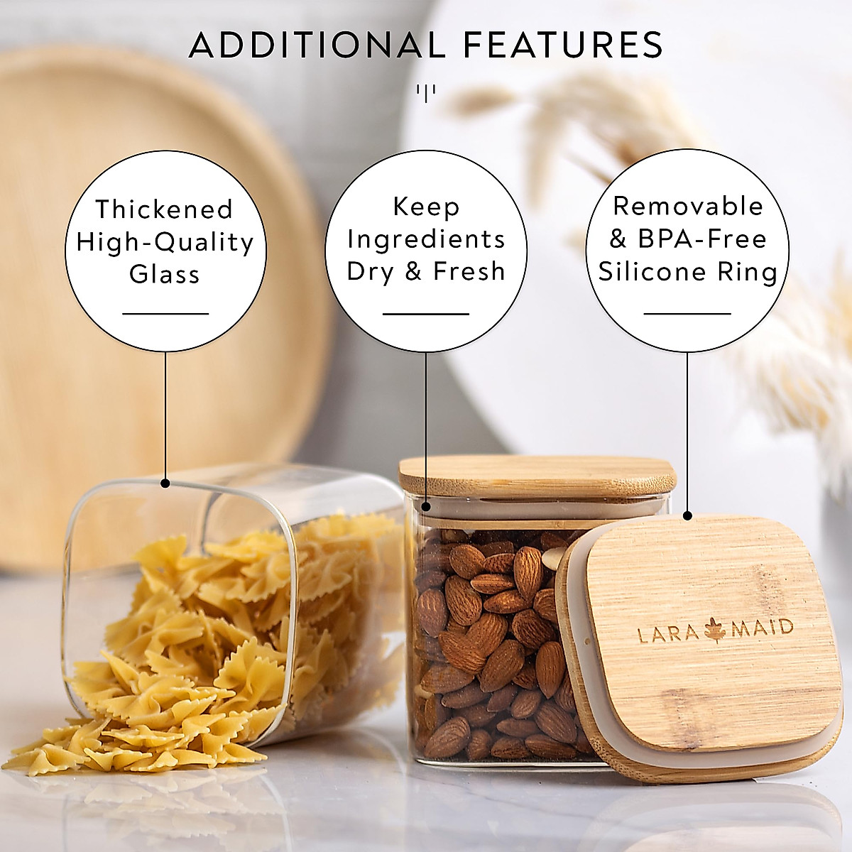 Laramaid 27oz 6Packs Square Glass Jars Set with Minimalist Pantry Labels, Square Pantry Jars with Bamboo Lids and White Customized Sticker Labels, Food Storage Containers for Home