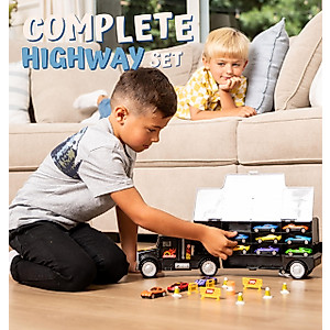 Toy Truck Transport Car Carrier Toy for Boys and Girls Age 3-10 yrs Old - Hauler Truck Includes 12 Toy Cars and Accessories - Car Truck Fits 28 Car Slots - Ideal Gift for Kids