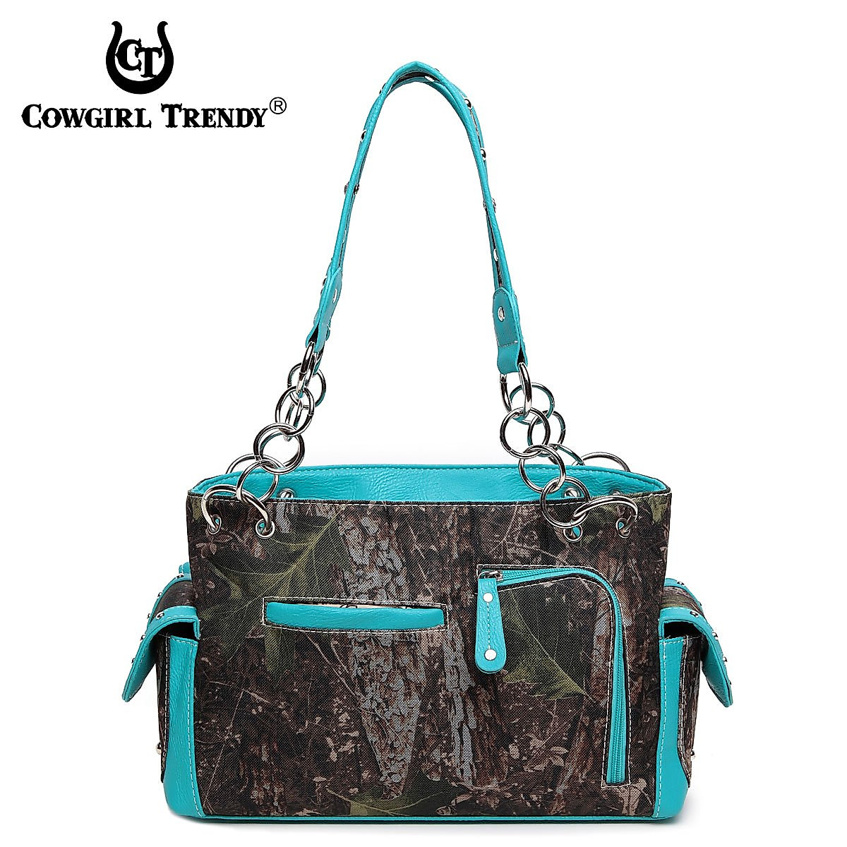 Camouflage Cross Western Style Studded Handbag Concealed Carry Purse Country Women Shoulder Bag Wallet (Turquoise Set)