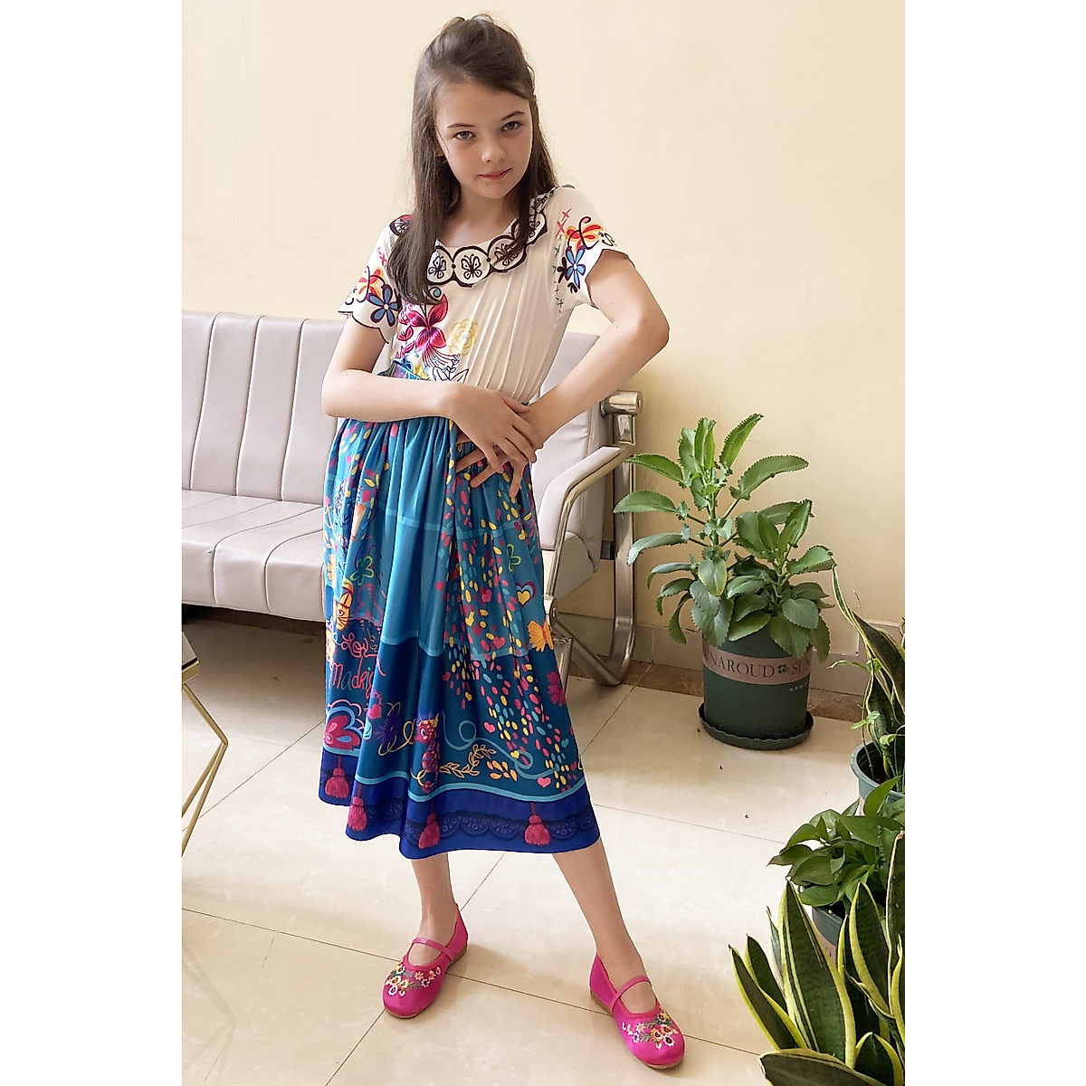 LZH Encanto Mirabel Costume Dress For Girls Cosplay Isabela Madrigal Princess Halloween Dress Up With Glasses Earrings