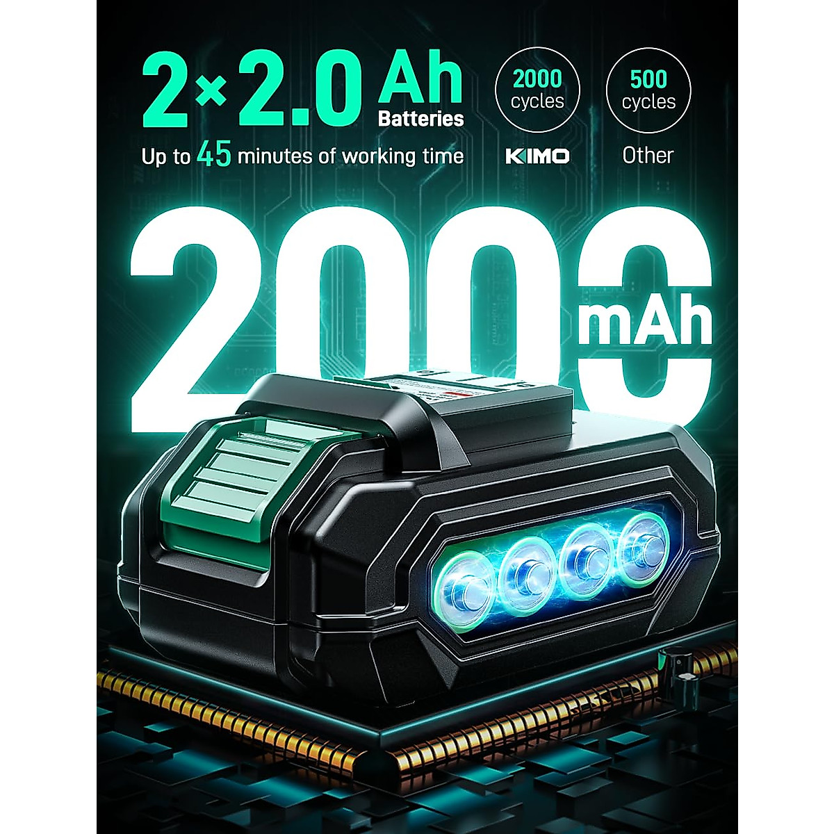 KIMO 20V Cordless Ratchet Wrench 1/2" Set, 74 Ft-lbs 400 RPM Electric Ratchet Wrench, Battery Powered Ratchet with 7 Sockets, 3" Extension Bar, 3/8" Adapter, 2-Pack Lithium-Ion Batteries, Fast Charger