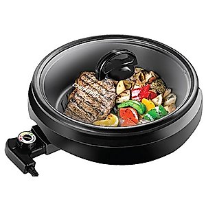 Chefman 3-In-1 Electric Indoor Grill Pot & Skillet, Slow Cook, Steam, Simmer, Stir Fry, 10-Inch Nonstick Raised Line Griddle Pan, Temperature Control, Tempered Glass Lid, 3-Quart, Black-Round