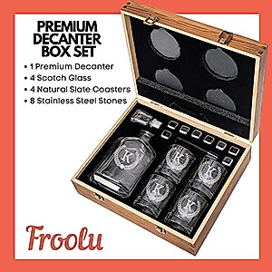 Personalized Whiskey Decanter Set for Men - 9 Design Options - Engraved Liquor Decanter Sets with Scotch Glasses - Gift Set for Him, Dad - Premium Set Includes Whiskey Stones - by Froolu