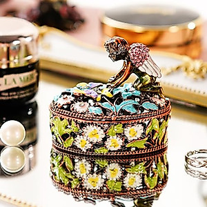 YU FENG Vintage Angel Flower Trinket Boxes Hinged Crystal Jeweled Collectible Jewerly Display Ring Holder Box