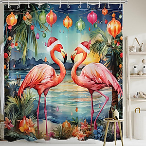 LB Tropical Christmas Shower Curtain Pink Flamingo with Xmas Hat on Beach Shower Curtain Palm Tree by Coastal Bathroom Shower Curtain Sets with Hooks Waterproof Washable Fabric,72x72 inch
