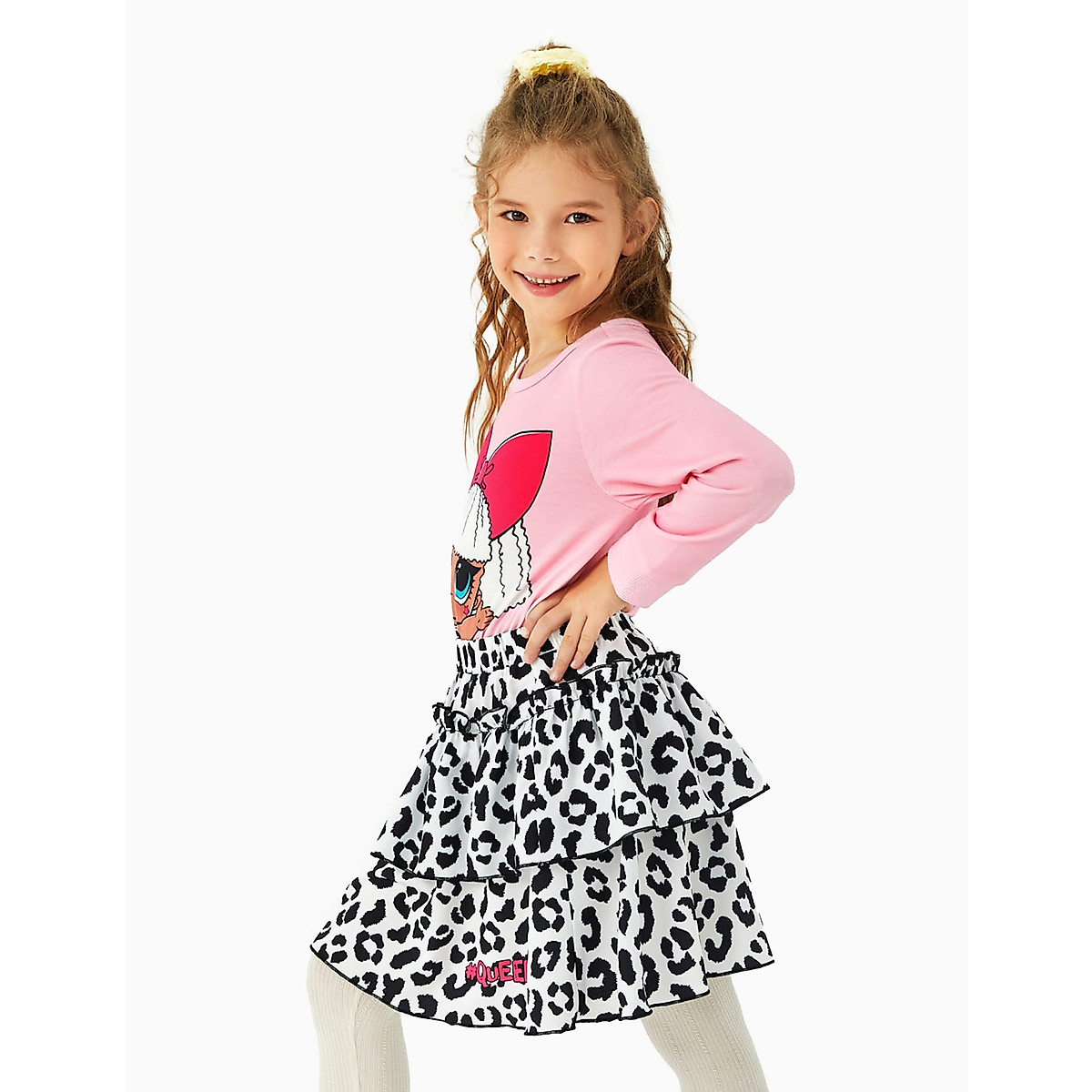 L.O.L. Surprise! Girls 2pcs Print Tee and Leopard Layered Skirt Set Casual Long Sleeve T-shirt and Cake Skirt Party Outfit Pink 5-6 Years