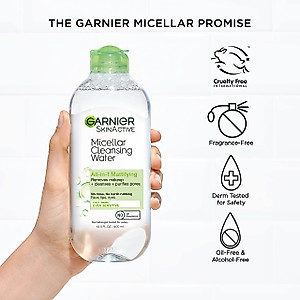 Garnier Micellar Water for Oily Skin, Facial Cleanser & Makeup Remover, Mattifying, For All Skin Types, Vegan, Cruelty Free, 13.5 Fl Oz (400mL), 2 Count