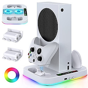 Cooling Stand for Xbox Series S with RGB Light, MENEEA Fast Charger Station with 2x1400mAH Batteries,Cooler Accessories with 3-Speed Adjustable Fan, Dual Charger Dock, 15 Light Modes, 2.0 USB Port