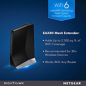 NETGEAR Nighthawk WiFi 6 Mesh Range Extender EAX80 - Add up to 2,500 sq. ft. and 30+ devices with AX6000 Dual-Band Wireless Signal Booster & Repeater (up to 6Gbps speed), plus Smart Roaming