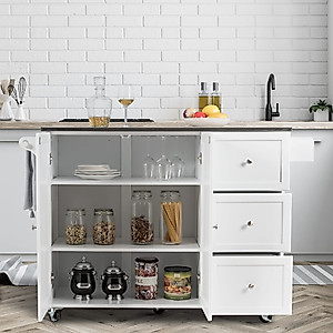 GLACER Kitchen Island Cart on Wheels, Rolling Kitchen Cart with Stainless Steel Countertop, Rolling Kitchen Island for Kitchen, Dining Room, Restaurant, 53 x 18 x 36 inches (White)