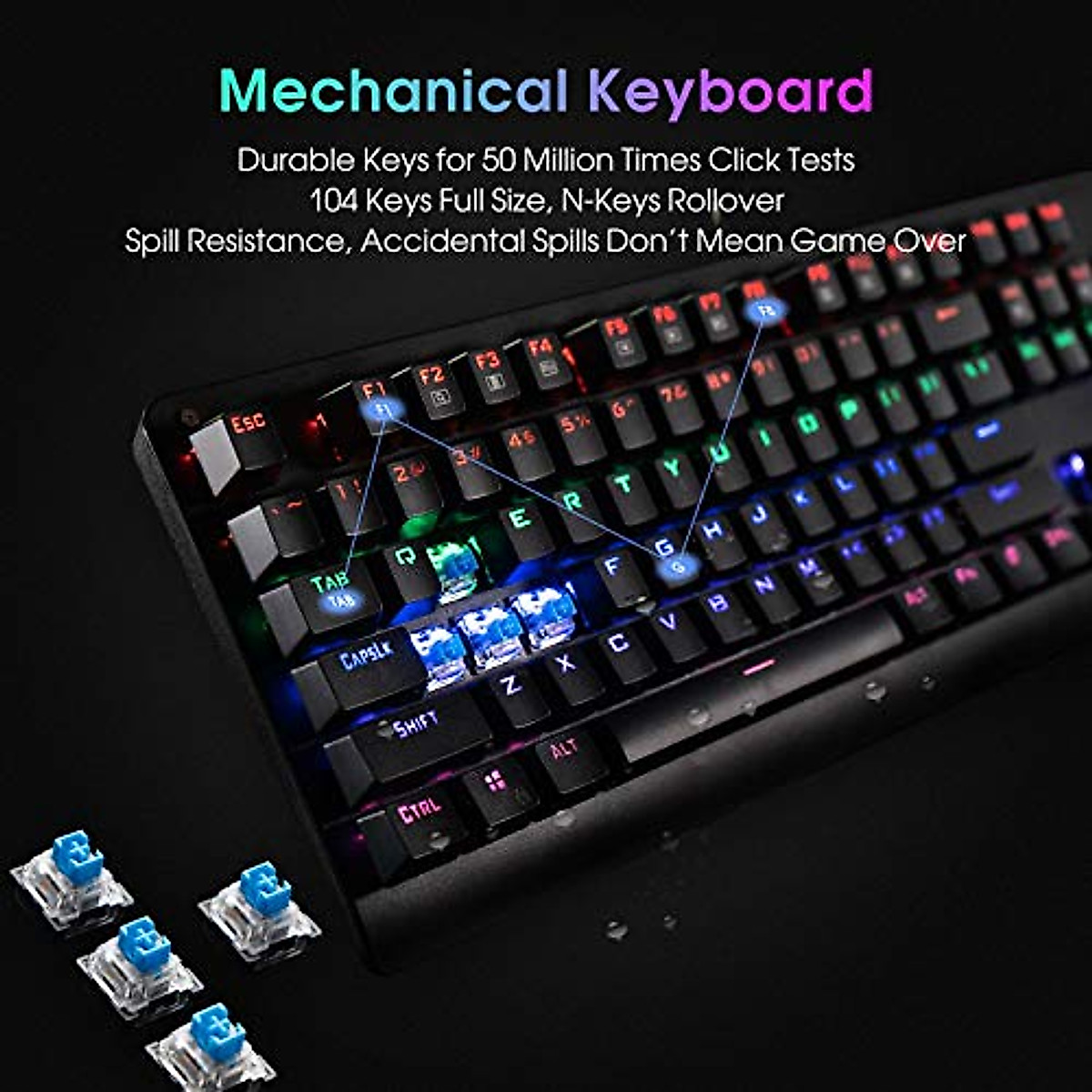 E-YOOSO Mechanical Keyboard K600 Blue Switches 104 Keys Gaming Keyboard 9 Modes LED Backlit Rainbow USB Wired Keyboard for Desktop Computer Laptop Windows PC