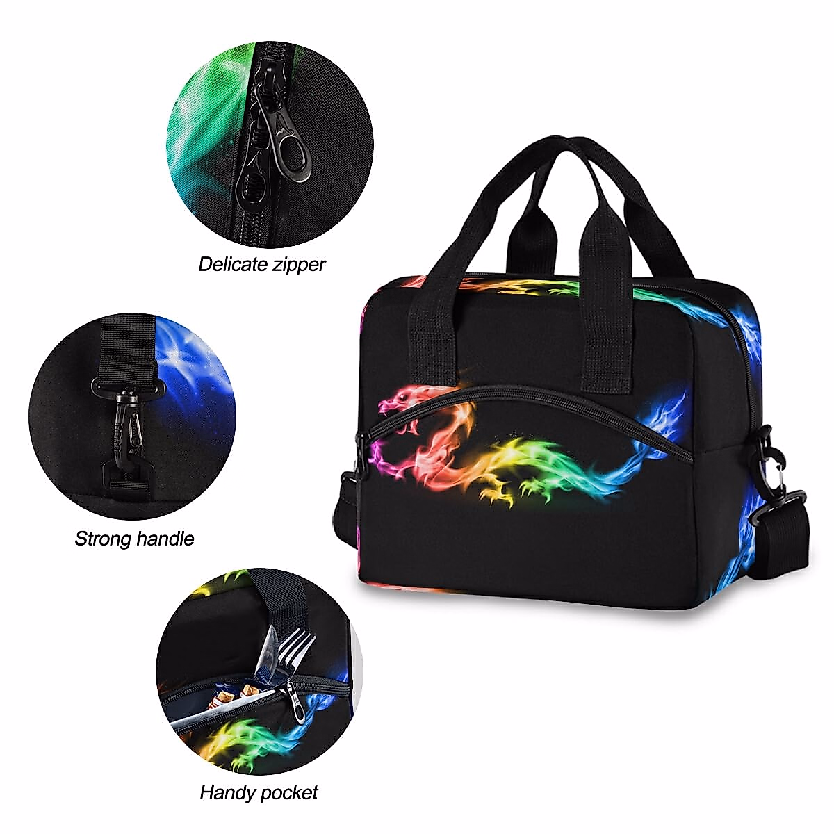 Fire Rainbow Dragon Lunch Bag Insulated Lunch Box for Women Men Tote Bag with Detachable Shoulder Strap for Office School Picnic Hiking