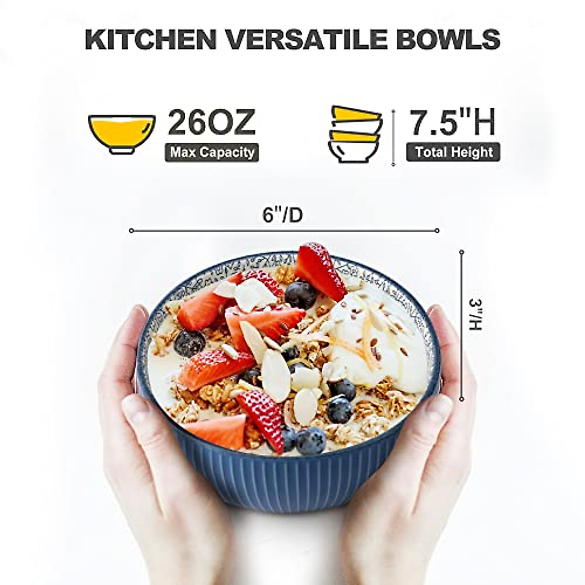 SULIVES Cereal Bowls Set of 4, 6 Inch Ceramic Bowls for Kitchen, Colorful Cute Serving Bowls Set for Soup Salad Pasta Ramen Fruit - 26 OZ