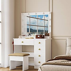 VIVILIFE 36’’ W Vanity Set, Vanity Desk with Power Outlet, Makeup Table with Mirror and LED Lights, Adjustable Lighting, 5 Drawer and Functional Desk Surface, Bedroom Choice for Women and Girls