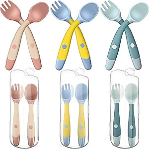 Toddler Utensils Baby Spoons and Forks Set with Case Bendable Self Feeding Training Flatware Silicone Spoon Fork for Kids Babies Children Handle Toddler Set, Green, Pink, Yellow (3 Sets)