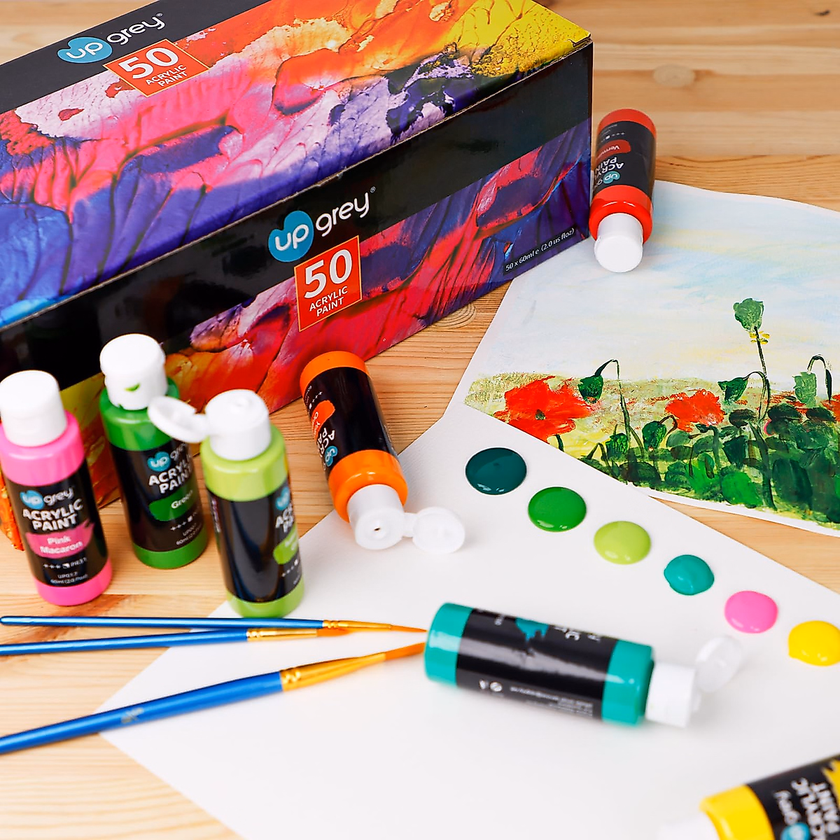 UPGREY 50 Colors Acrylic Paint Set, Non Toxic Art Paints (2fl Oz/60ml Each) With 5 Craft Paint Brushes, Metallic Acrylic Paints Kids Adults for Canvas Crafts Stone Wood Ceramic And Model Painting