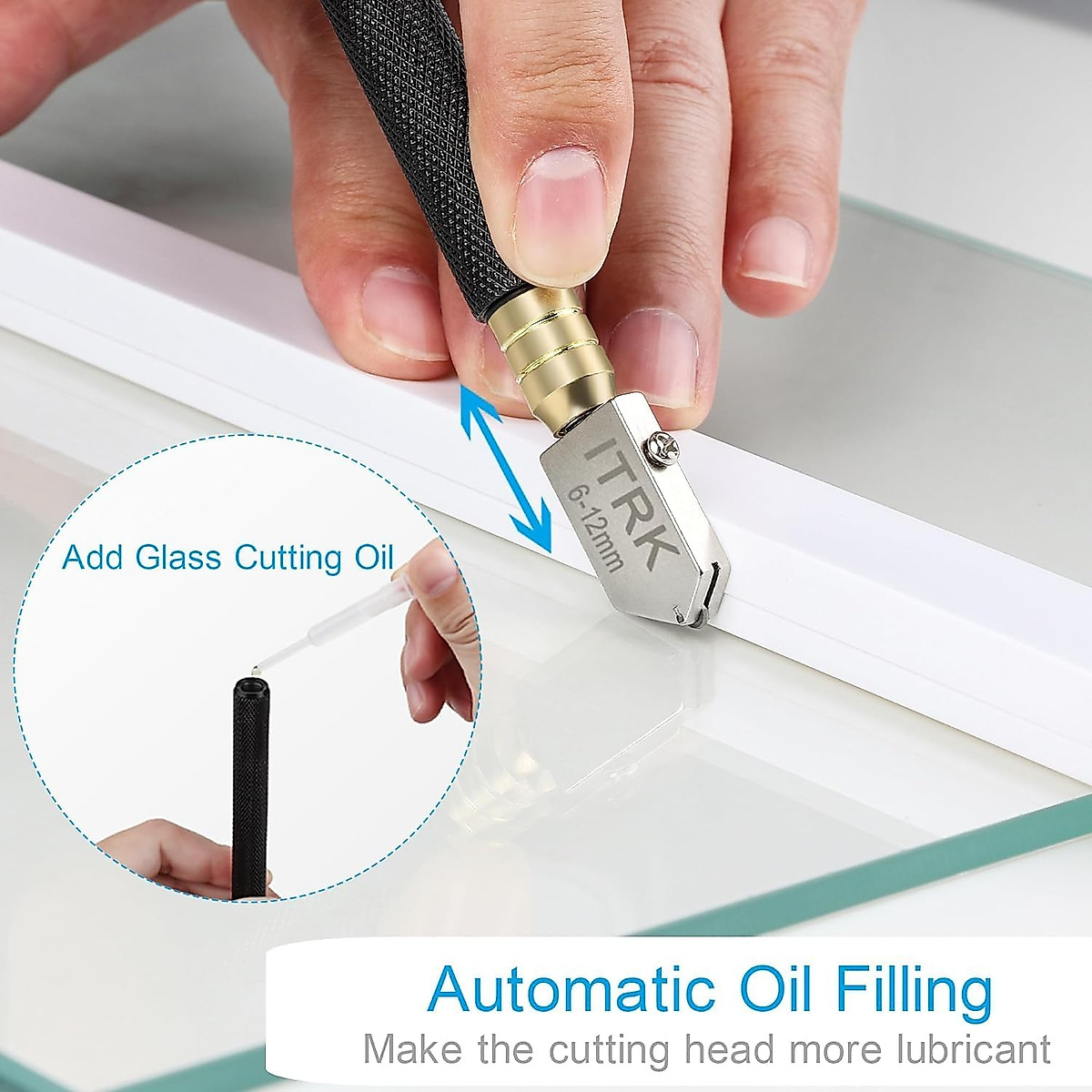 Glass Cutter 2mm-20mm & Glass Cutting Oil, Upgrade Glass Cutting Tool with Aotomatic Oil Feed, Pencil Style Oil Feed Carbide Tip Glass Cutter for Mirror/Tiles/Mosaic