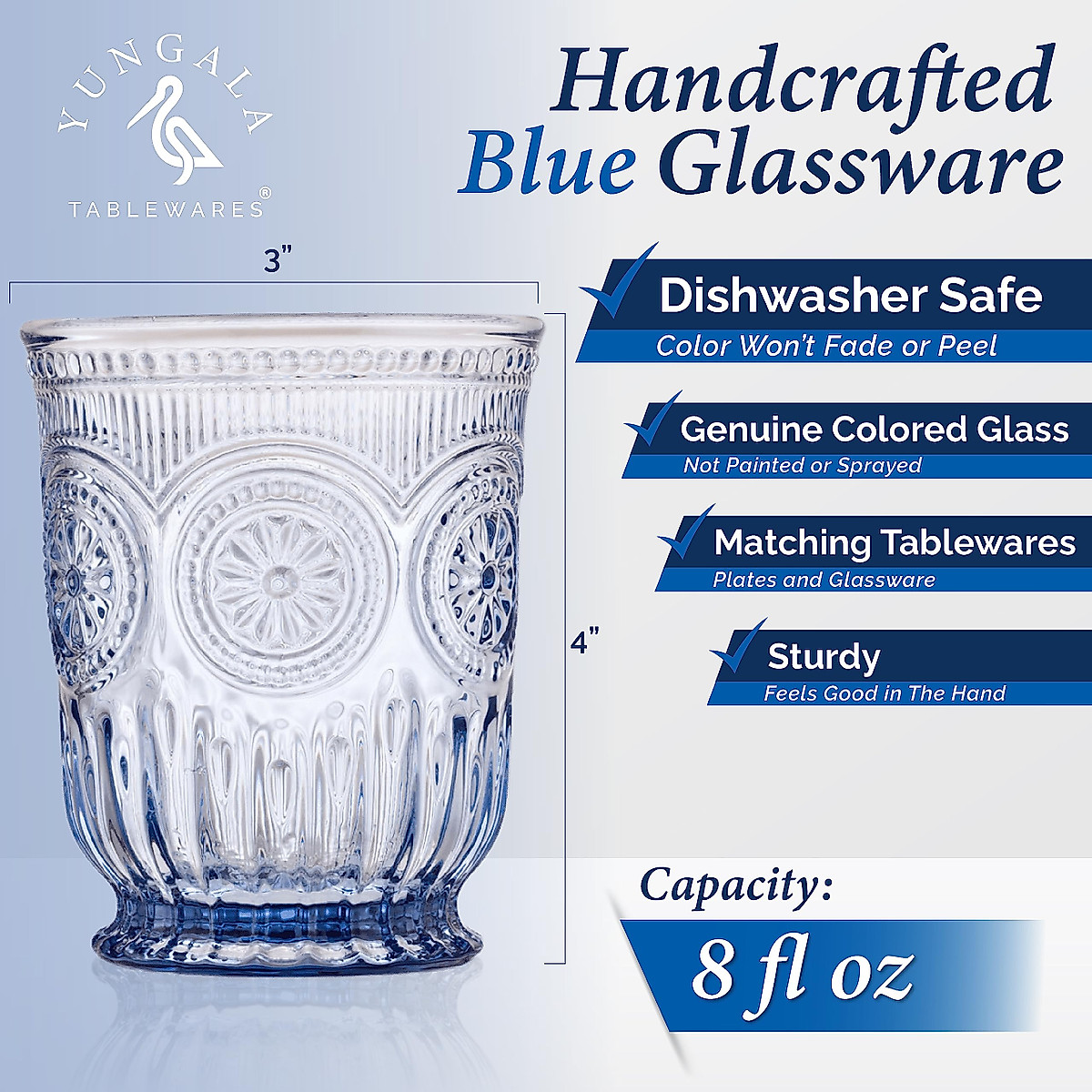 Yungala Blue Glassware set of 6 small dishwasher safe colored glasses, Blue glass cups, matching highball and wine glasses available