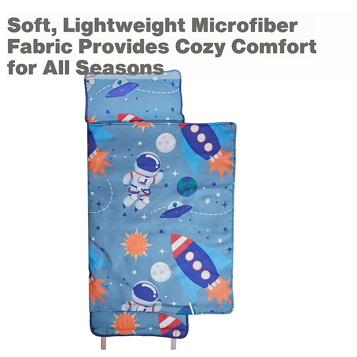 EVERYDAY KIDS Nap Mat w/Removable Pillow -Outer Space Adventures- Carry Handle with Straps Closure, Rollup Design, Soft Microfiber for Preschool, Daycare, Travel Sleeping Bag - Ages 3-6 Years