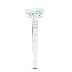 Certified Natural Opal 6X8mm Oval Shape Engagement Ring with Diamond, AAA Quality - With Jewelry Box, 14K White Gold, Size:US 6.00