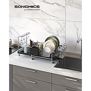 SONGMICS Dish Drying Rack, Rustproof Aluminum Dish Drainer with 21.1-28.2 Inches Expandable Drainboard, Rotatable Spout, for Kitchen Counter, Glass and Cup Holders, Silver and Black UKCS031E01