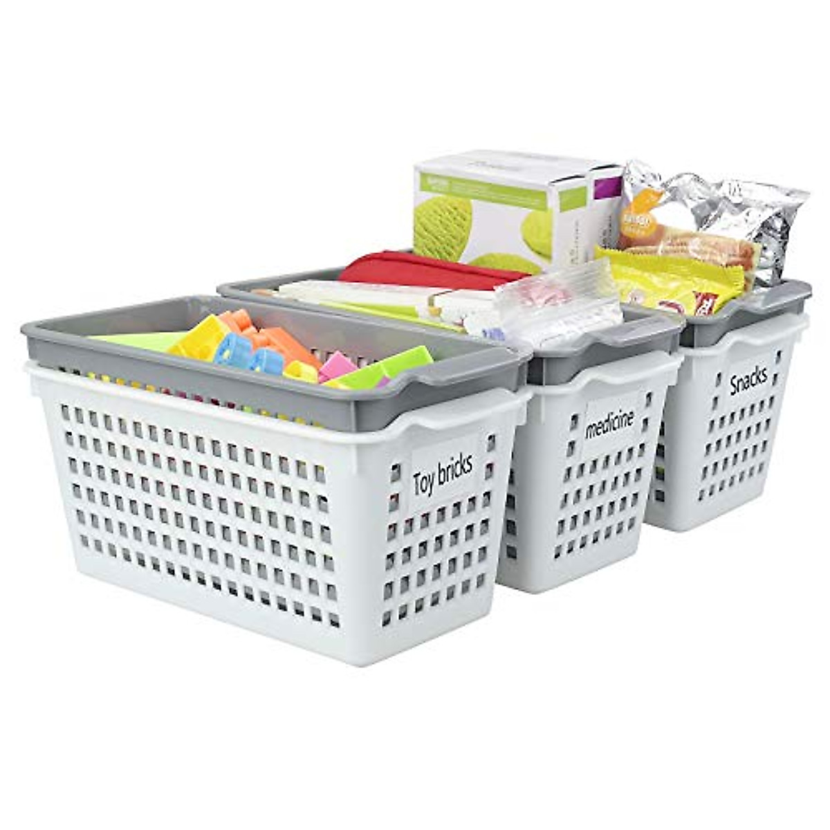 Rinboat Plastic Storage Basket, Deep Baskets, Grey and White, 6 Packs