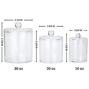 Marathon Studios Qtip Holder Dispenser Acrylic Clear 3 Pack for Cotton Swabs/Cotton Balls/Cotton Rounds, Bathroom Accessories Apothecary Jars Vanity Organizer, Bathroom Canisters - 30 oz/20 oz/10 oz
