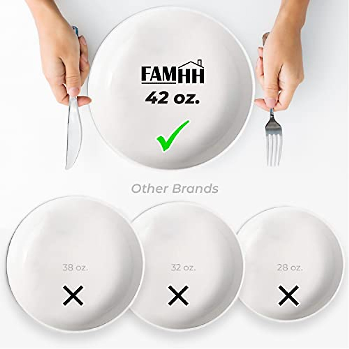 FAMHH 42 Oz Porcelain Large Pasta Bowl Set – Wide & Shallow for Salad Bowls, Soup Bowls, Pasta Bowls – 9.5x1.75 In. Ceramic Bowls Dish Set of 6 – Dishwasher & Microwave Safe Dinnerware Sets