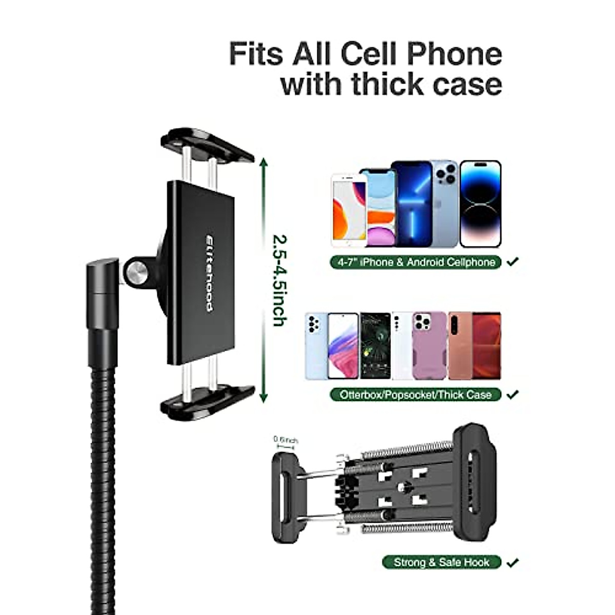 elitehood Aluminum Gooseneck Phone Holder for Bed [360° Swivel Tilt Rotation] - Long & Flexible Bed iPhone Holder, Overhead Cell Phone Mount Stand for Desk, Compatible with 4-7’’ Cellphone