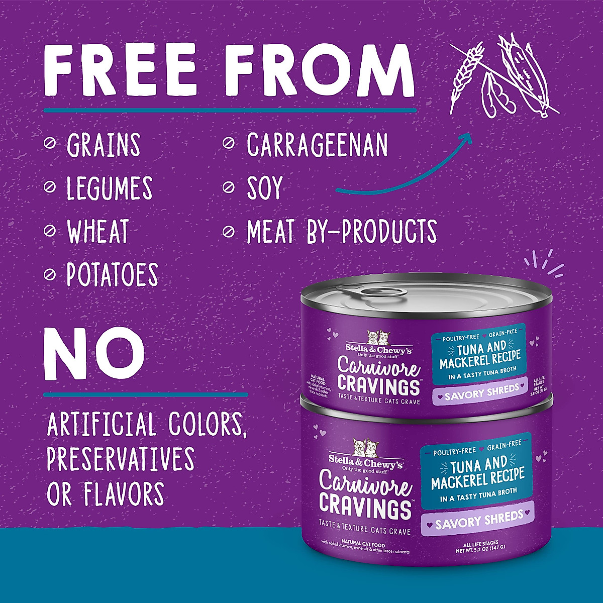 Stella & Chewy’s Carnivore Cravings Savory Shreds Cans – Grain Free, Protein Rich Wet Cat Food – Wild-Caught Tuna & Mackerel Recipe – (2.8 Ounce Cans, Case of 12)