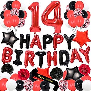 yujiaonly 14th Birthday Party Decorations-Happy Birthday Foil Ballons Banner Red Number 14 Happy birthday Sash Latex Balloons Perfect for 14 Years Old Party Supplies Balloons Number 14 Red