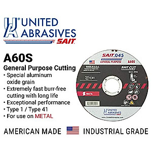 United Abrasives-SAIT 23106 A60S General Purpose Cut-Off Wheels (Type 1/Type 41 Flat) 6" x .045"x 7/8", 50-Pack