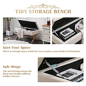 Bonzy Home Tufted Entryway Storage Bench, 36" French Vintage Bedroom Dining Room Benches with X-Shaped Legs, Fabric End of Bed Bench for Bedroom Dining Room Living Room Entryway, Beige