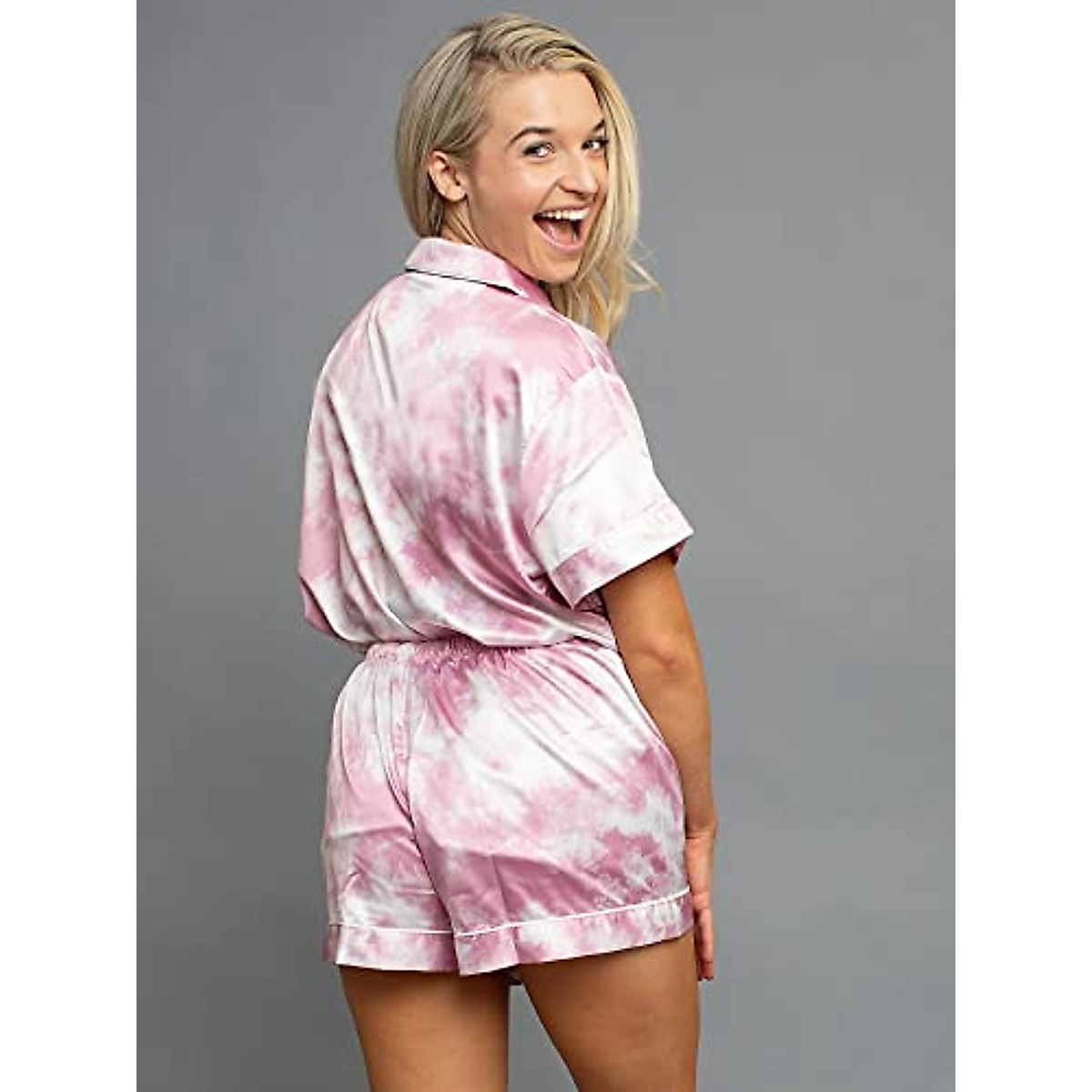 Belle's Design Women’s Tie Dye Short Sleeve Satin Silk Pajama Set Button Down 2 pieces Loungewear Sleepwear (Dusty Pink, XX-Large)