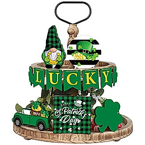 13 PCS St. Patrick’s Day Tiered Tray Decor Lucky Wooden Table Signs Green Shamrock Gnome Wood Blocks Irish Party Wood Table Centerpieces with Holder for St. Patrick Home Holiday Decor