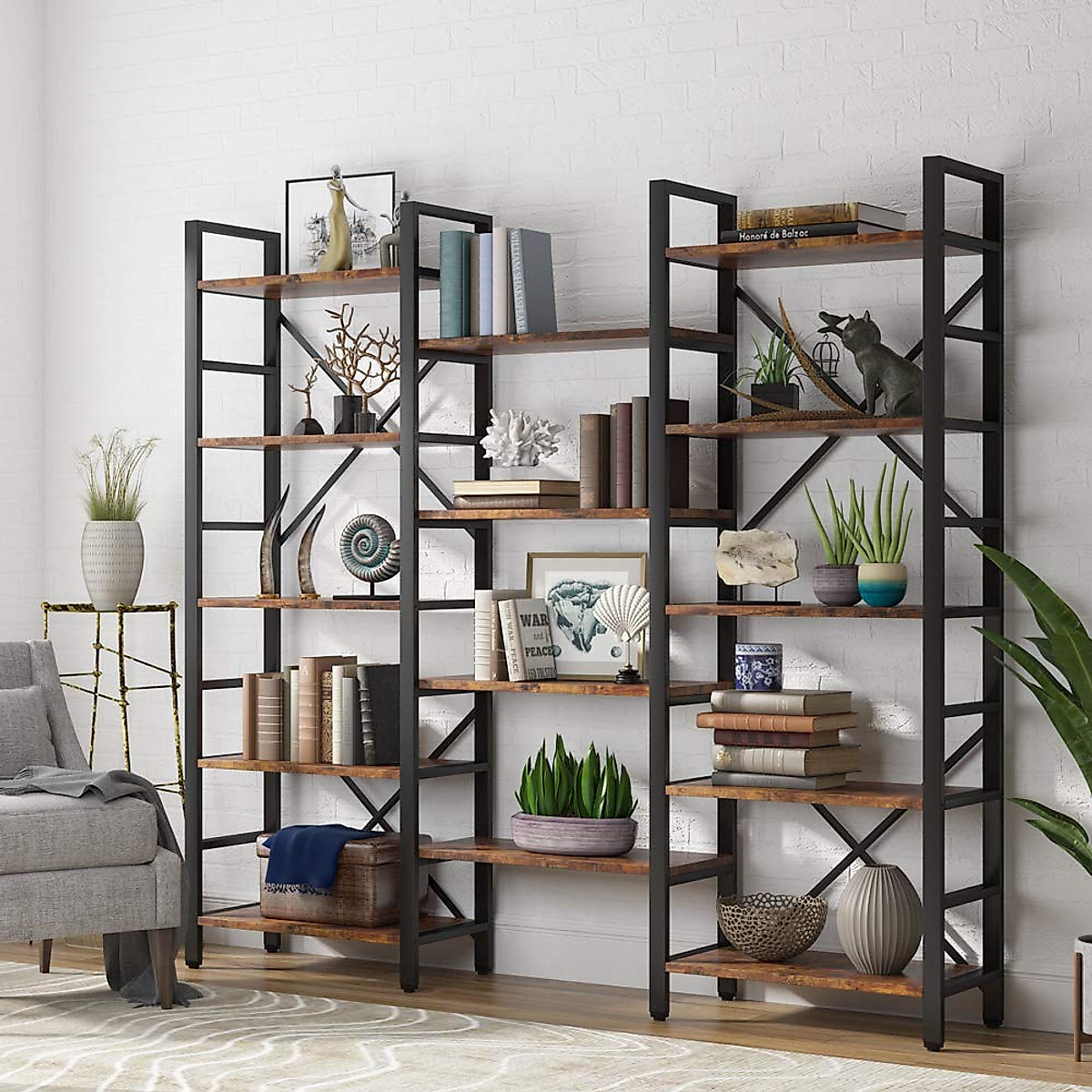 Tribesigns Triple Wide 5-Shelf Bookcase, Etagere Large Open Bookshelf Vintage Industrial Style Shelves Wood and Metal bookcases Furniture for Home & Office, 70 inch