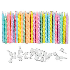Multicolored Pastel Thin Birthday Cake Candles in Holders (3 in., 48 Pack)