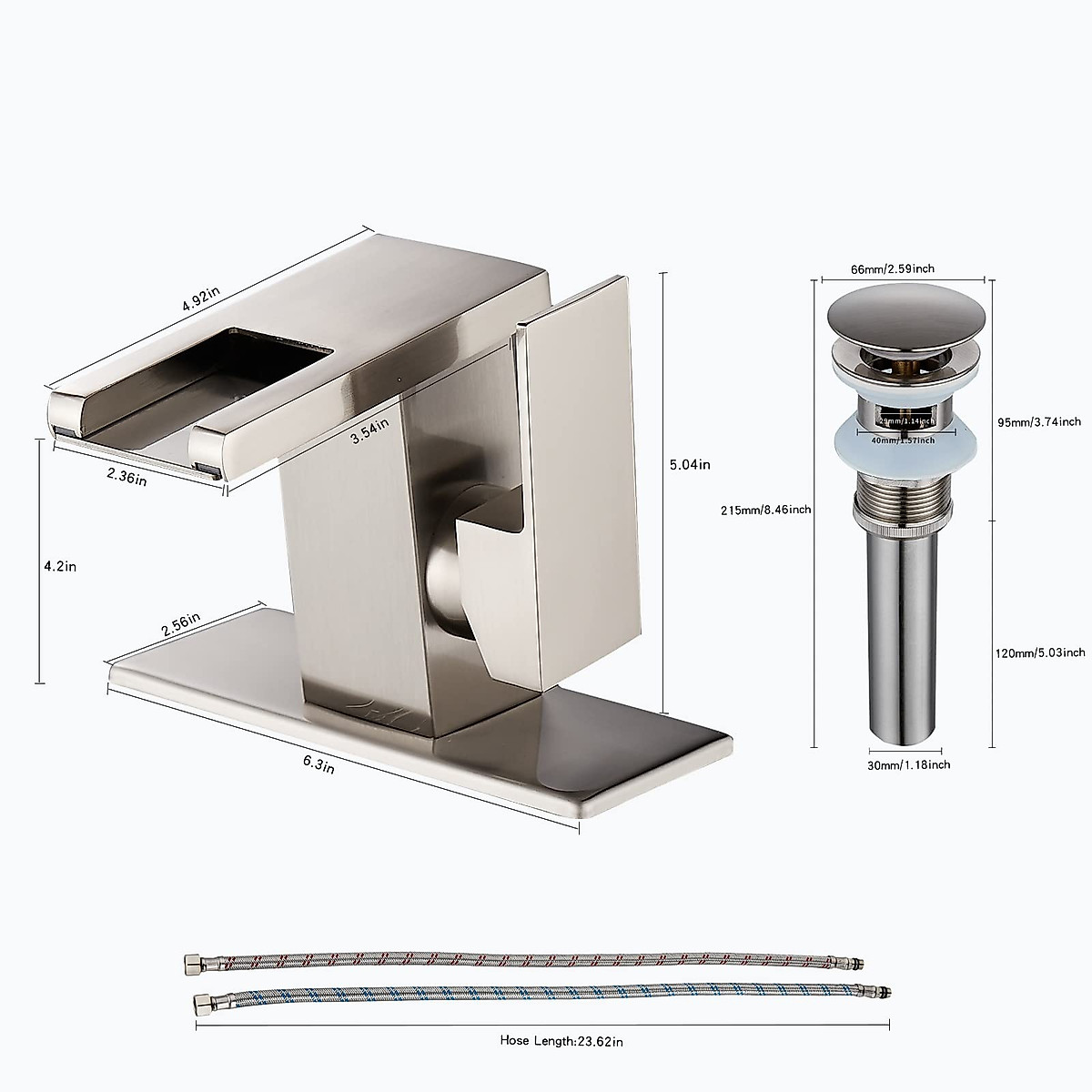 Skybathjoy LED Bathroom Sink Faucet Waterfall with Drian Assembly 1 Hole Brushed Nickel Single Hole Handle RV Bath Vanity Faucets for Sinks 1 Hole Water Supply Lines, Stainless Steel Spout