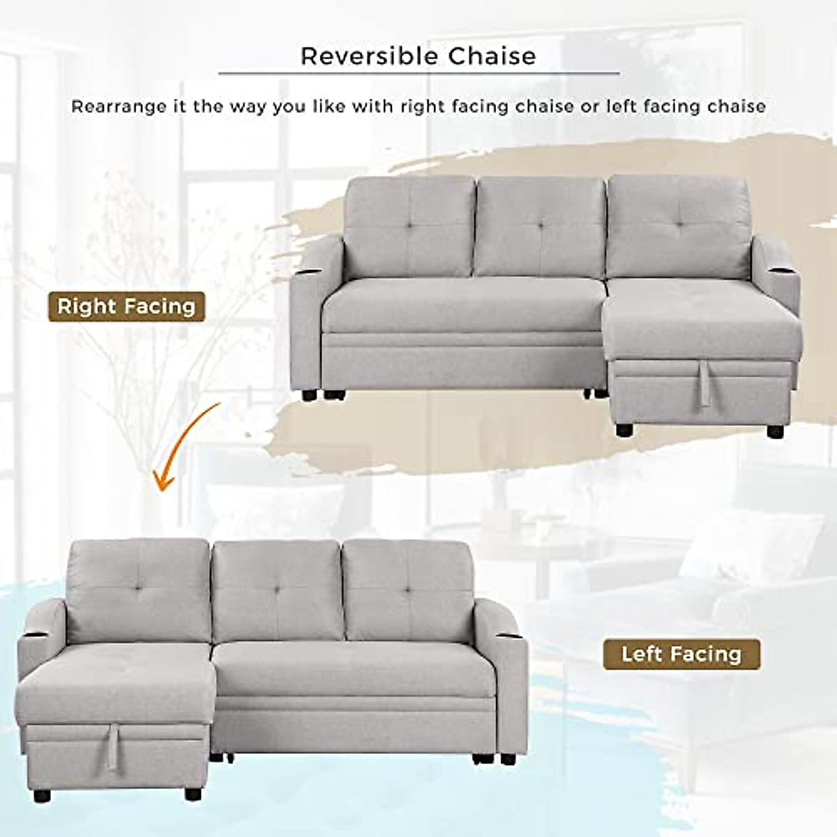 UBGO Modular, L-Shaped Living Room Furniture Sets,Pull Modern Padded Upholstered Sofa Bed, Linen Fabric 3 Seater Storage Chaise and Cup Holder, Couch for Small Spaces,Gray