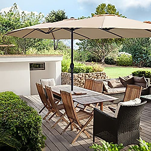 BLUU 15ft Large Patio Umbrellas with Base Included, Outdoor Double-Sided Umbrella with Crank Handle, Powerful UV Protective, for Pool Lawn Garden (Beige)
