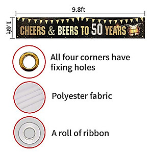 Cheers &Beers to 50 Years Banner, Happy 50th Lawn Sign, 50th Birthday Wedding Anniversary Party Porch Sign, Indoor Outdoor Backdrop 9.8 X 1.6 Feet