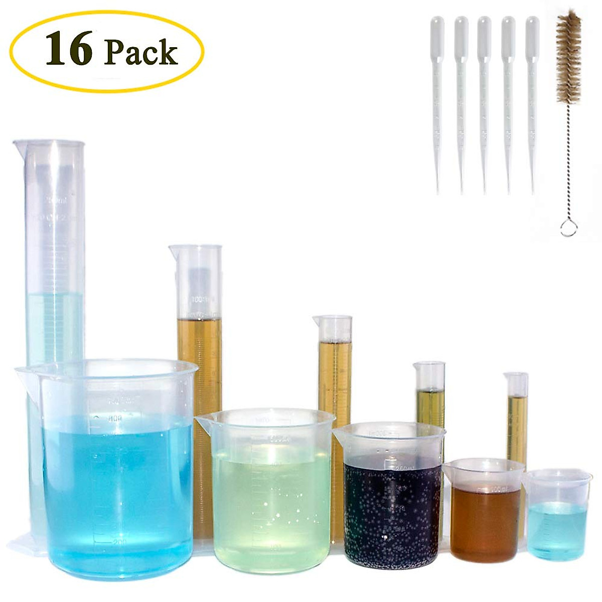 Belinlen 10 Pack Plastic Cylinders and Beakers Set, Including 5 Pack Clear Plastic Graduated Cylinders (10, 25, 50, 100, 250ml) and 5 Pack Plastic Beakers Set (50, 100, 250, 500, 1000ml)