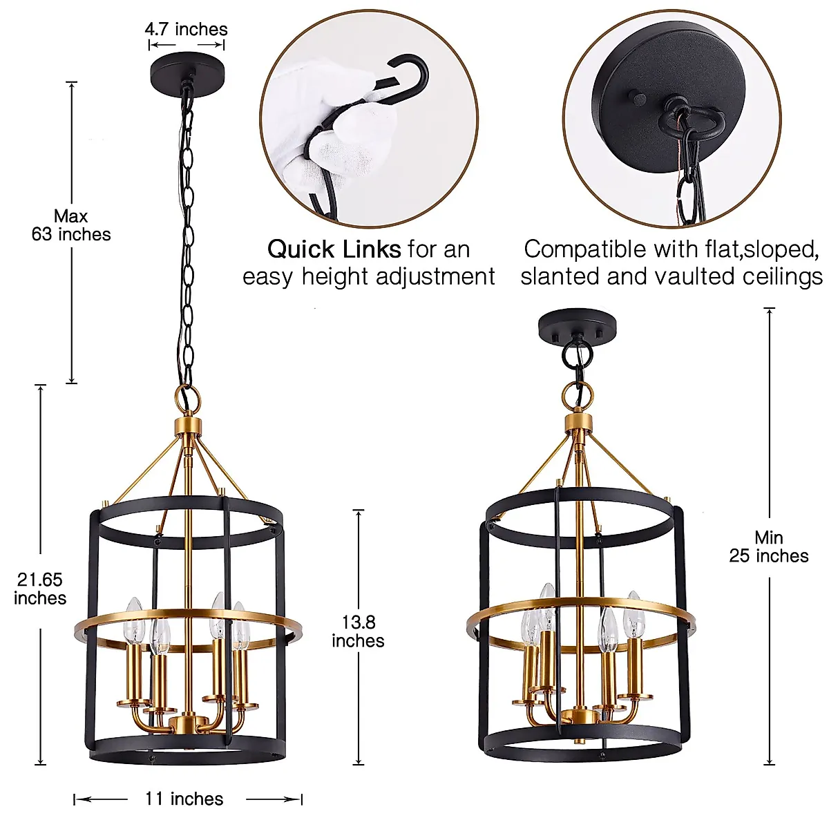 Modern Chandelier,4-Light Lantern Pendant Light,Matte Black and Brass Finish, Light Fixtures Ceiling Hanging,Chandelier Light Fixture for DiningRoom,Kitchen,Foyer,Entryway