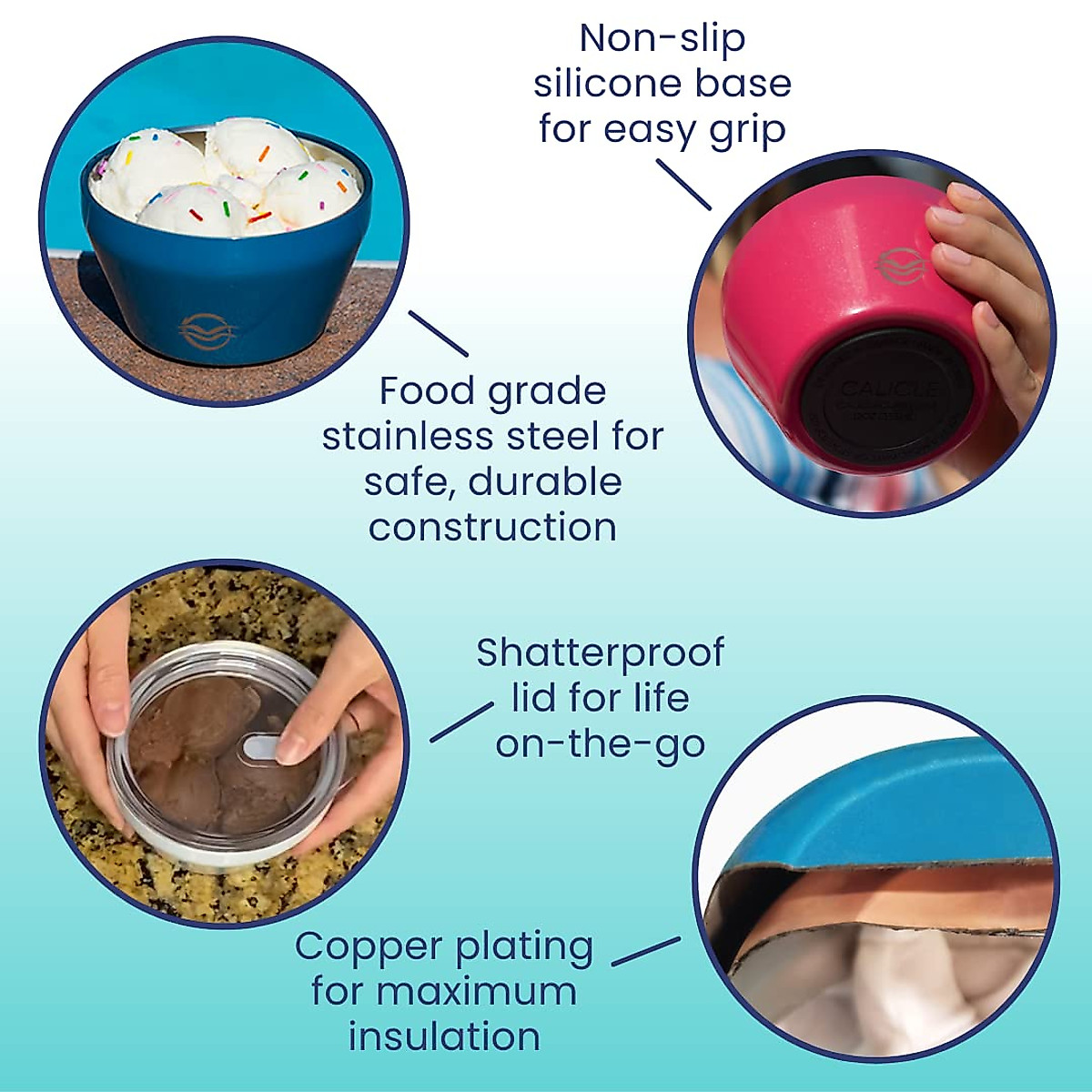 CALICLE - Insulated Ice Cream Bowl Set with Lid, Double Wall Vacuum Insulated Stainless Steel, for Cold and Hot Foods (Cereals, Soups, Snacks, Dips) - 12oz, Set of 2 (Pink Hibiscus/Blue Seas)