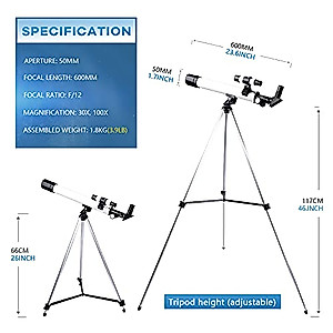 Telescopes for Adults Astronomy, 30X-300X Refractor Telescope for Kids and Beginners, 50mm Aperture 600mm Portable Telescope with Tripod, Phone Adapter, Shutter Remote to View Moon and Stars