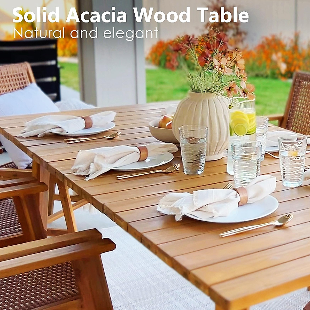 PHI VILLA 9 PCS Acacia Wood Outdoor Dining Set for 8, Teak Rectangle Wooden Table & Dining Chairs with Wicker Seat and Back, Farmhouse Dining Furniture Set for Patio, Deck, Yard, Porch